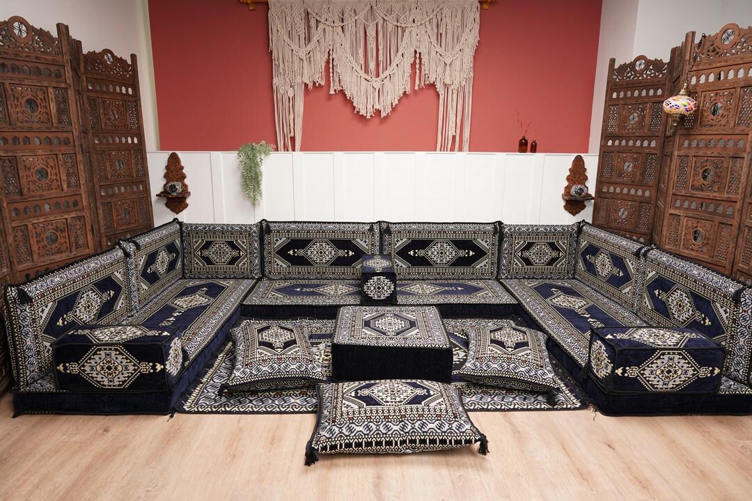 Navy Blue U Shaped Turkish Floor Sofa, Living Room Sofa, Majis Sofa Set ...