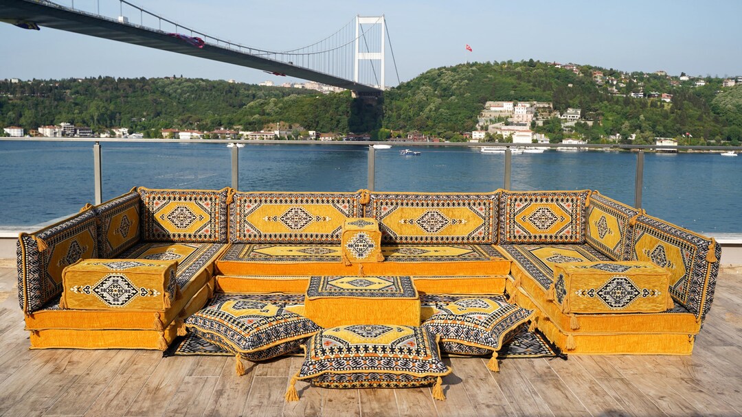8 Inch Thick Palace Yellow Turkish Seating Cushions, Moroccan Rug ...