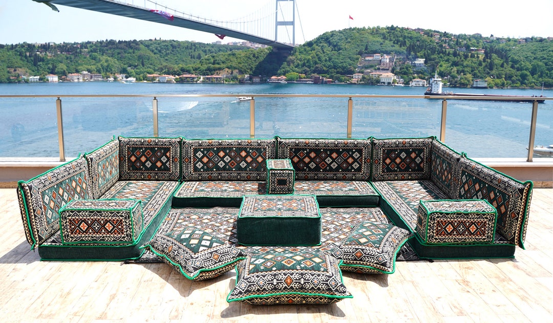 U Shaped Chile Green Floor Seating, Arabic Seating, Arabian Majlis ...