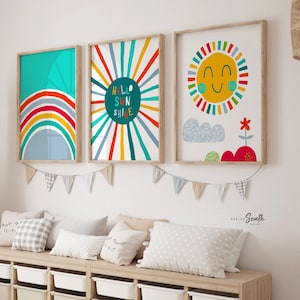 Teal Yellow Orange Kid Room Art, Wall Art Print Set of 3 for Children ...