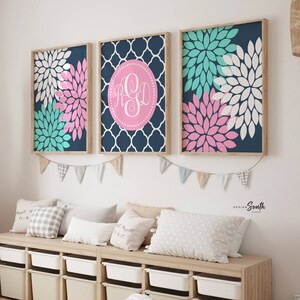 Girls Teal Pink and Navy Blue Bedroom, Nursery Monogram Teal Pink, Baby ...