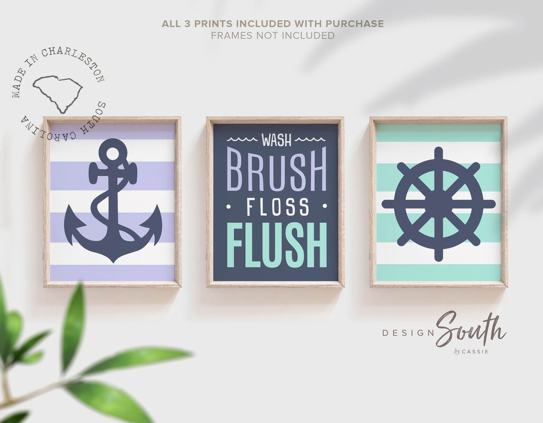 Girls Nautical Bathroom Prints: Anchor, Ship Wheel Art (set of 3) - Etsy