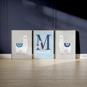 Boy Llama Art, Baby Blue Navy Blue and Gray Nursery Art, Personalized ...