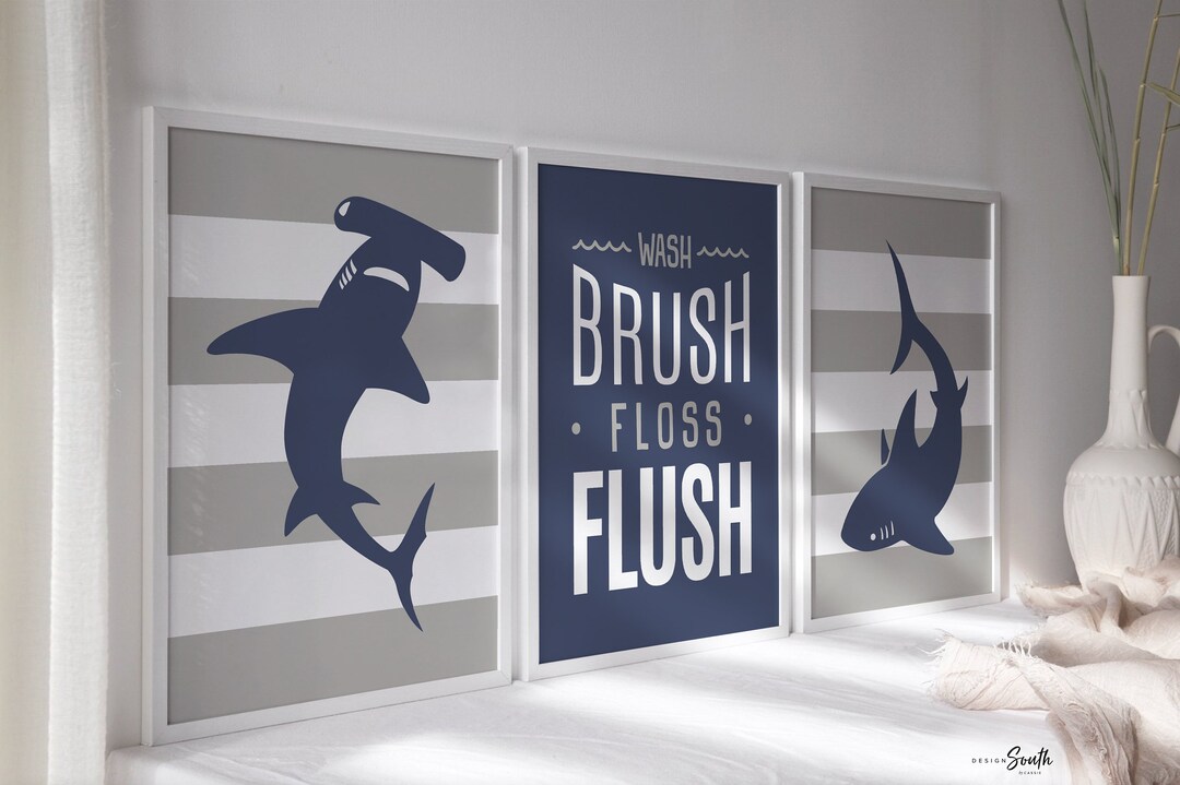 Boys Gray and Navy Blue Shark Bathroom, Kids Bathroom Sharks, Boys ...
