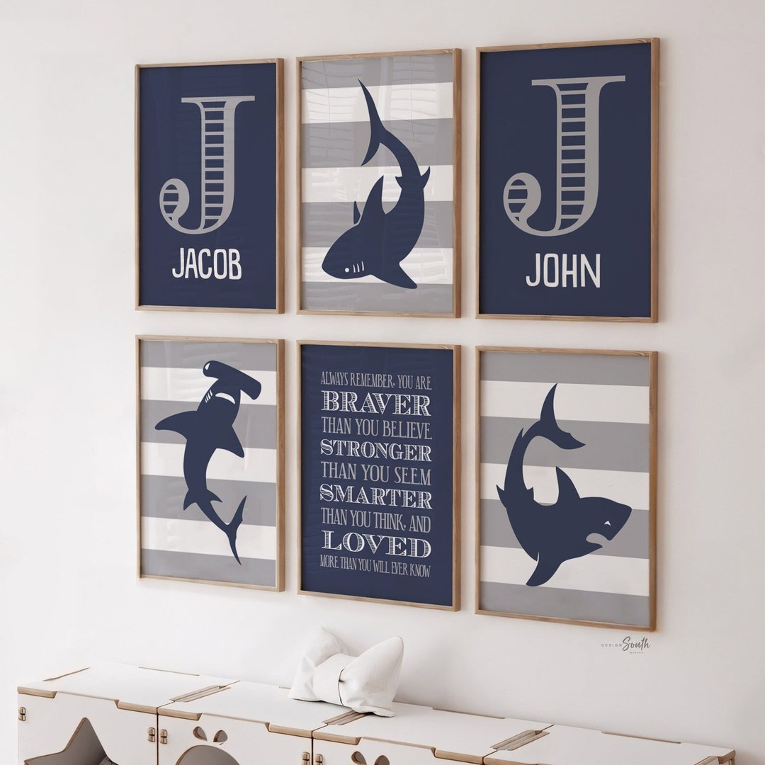 Shark Nursery Art: Sibling Boys Room Decor, Navy Blue and Gray Prints ...