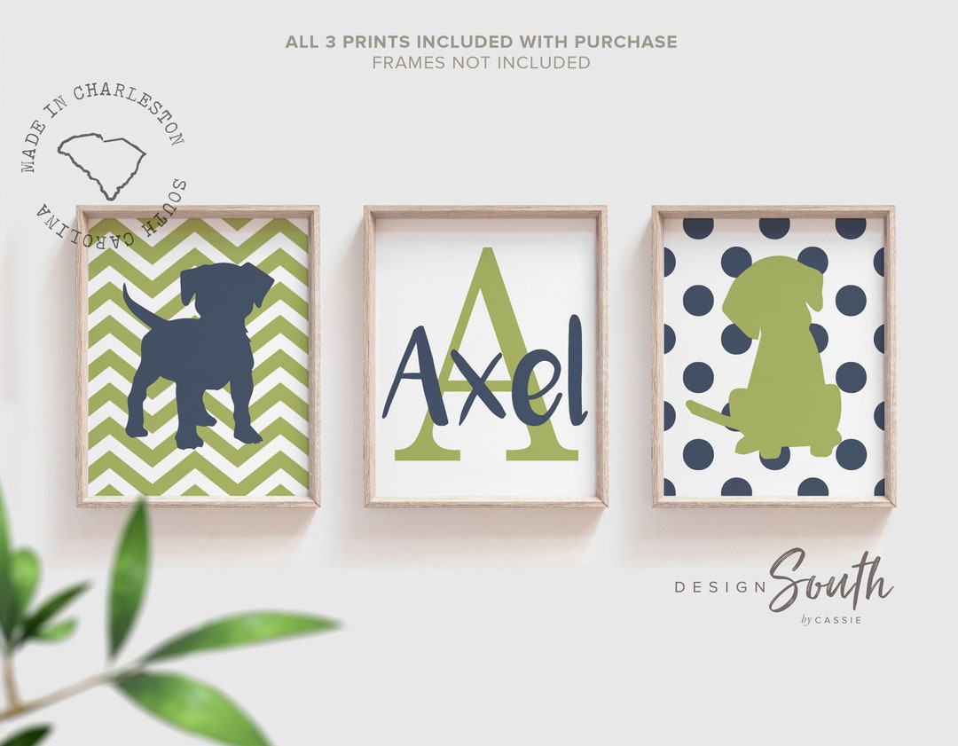 Puppy Dog Nursery Decor Prints: Navy, Green, Monogram (set of 3) - Etsy