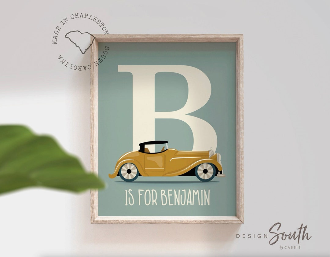 Boys Name Vintage Car Print, Monogram Car Art, Car Art Print Customized ...