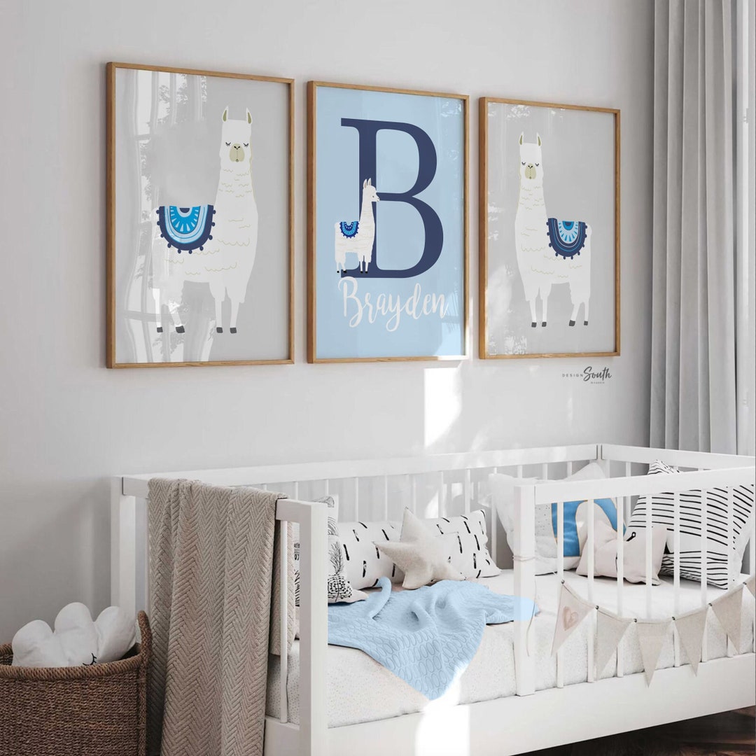 Boy Llama Art, Baby Blue Navy Blue and Gray Nursery Art, Personalized ...