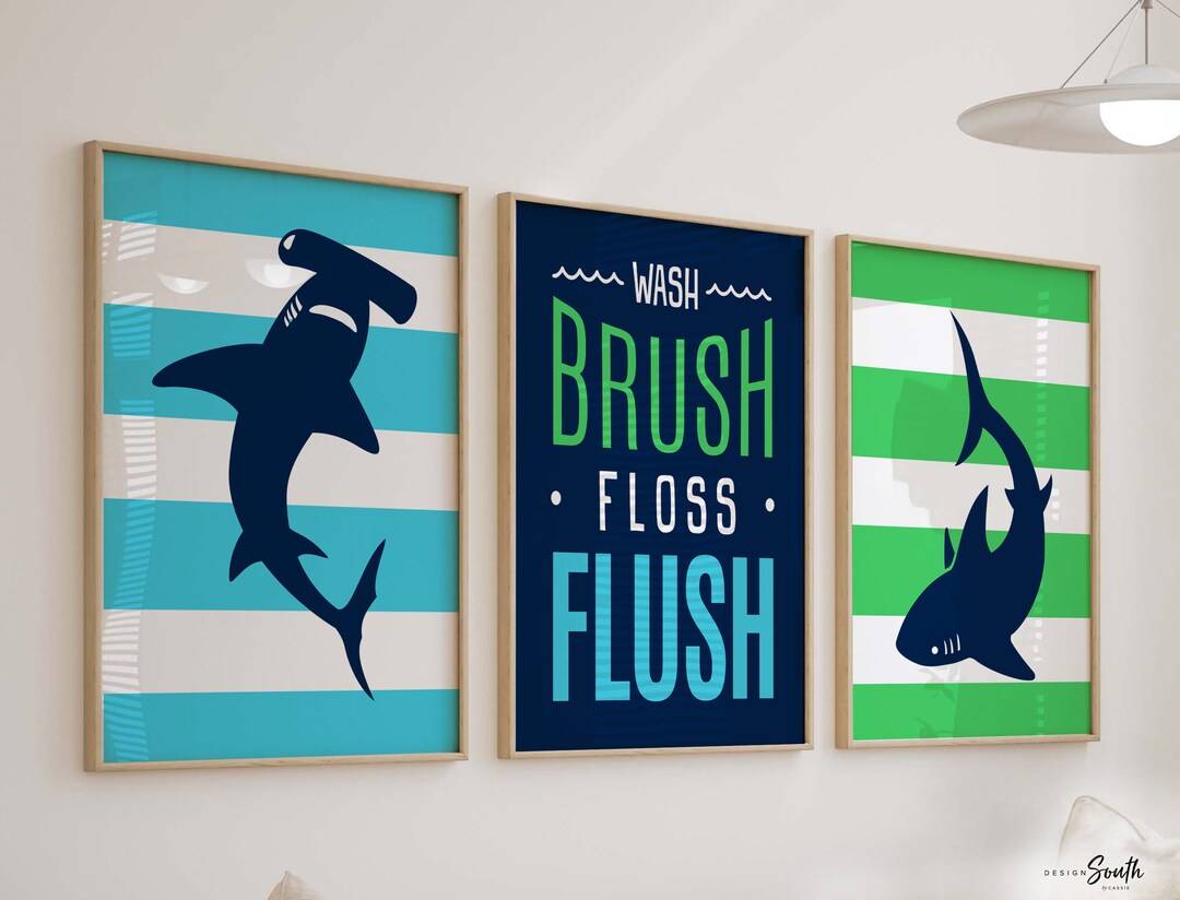 Boys Bathroom Decor, Boys Shark Bathroom, Blue Green Bathroom Decor ...