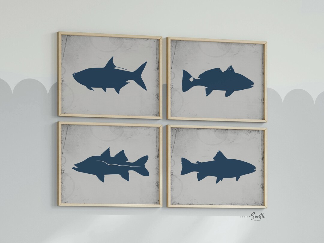 Sea Fishing Art Prints: Navy Blue Fish Theme, Boys Room Decor - Etsy