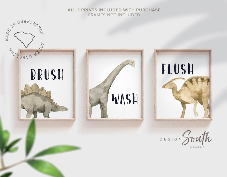 Watercolor Dinosaur Bathroom Prints: Neutral Beige & Gray, Wash Brush ...