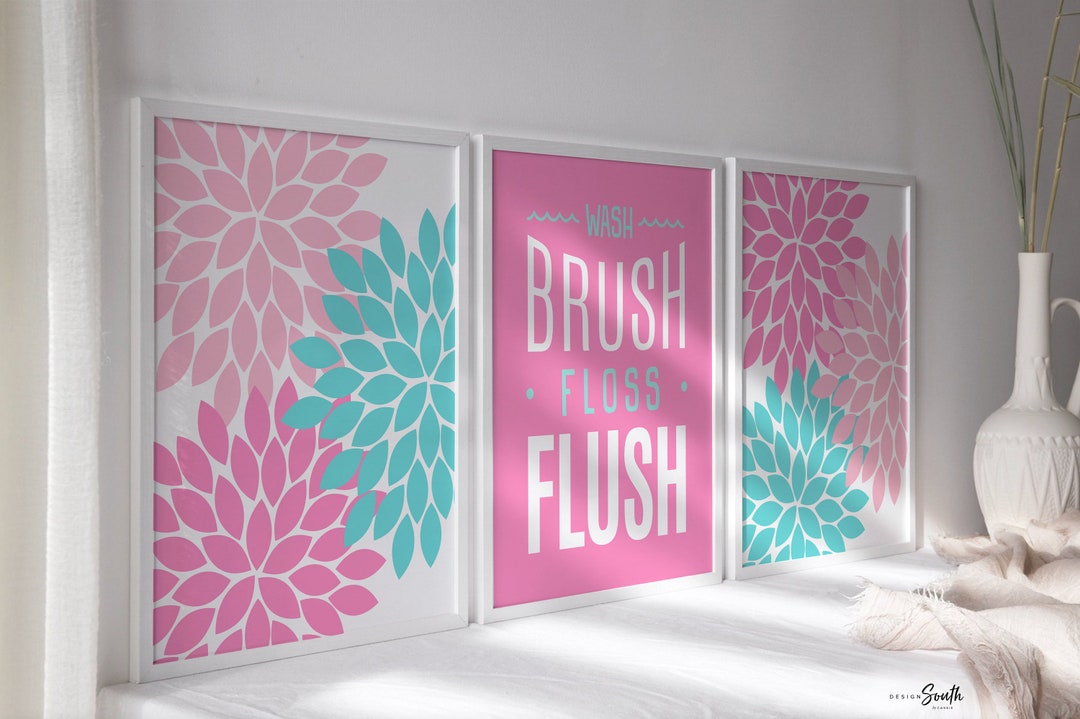 Girl Bathroom, Pink Teal Bathroom Prints for Girls, Pink Bathroom Wall ...
