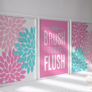 Girl Bathroom, Pink Teal Bathroom Prints for Girls, Pink Bathroom Wall ...