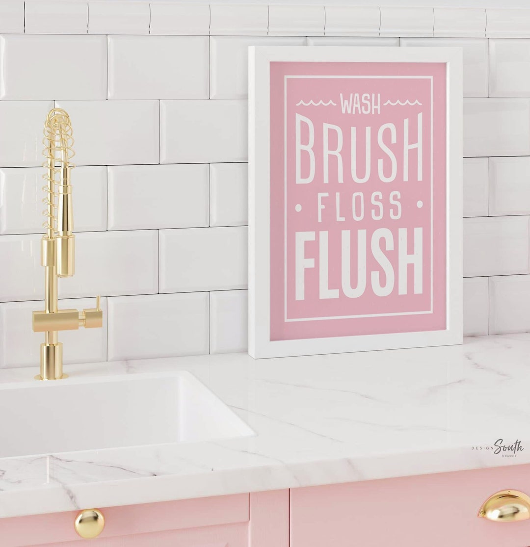 Pink Bathroom Print for Girls, Girls Bathroom Wall Decor, Wash, Brush ...