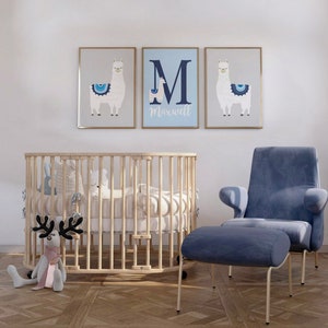 Boy Llama Art, Baby Blue Navy Blue and Gray Nursery Art, Personalized ...