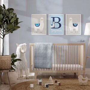 Boy Llama Art, Baby Blue Navy Blue and Gray Nursery Art, Personalized ...