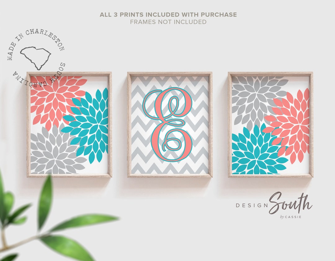 Coral Turquoise Monogram Wall Art, Girl Coral Gray Turquoise Room Art ...