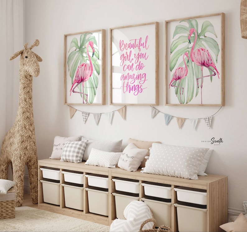 Pink Flamingo Watercolor Prints: Tropical Girl Room Decor - Etsy