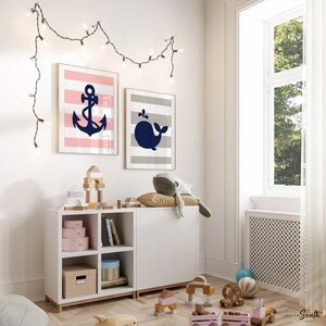 Nautical Girl Bedroom Decor, Pink Navy Blue Anchor Splashing Whale ...