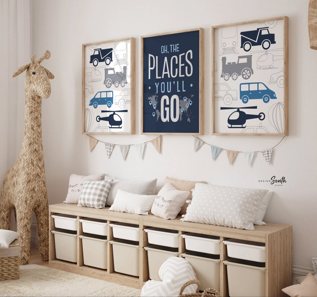 Transportation Boys Room Wall Art Cars Trains Helicopter, Navy Blue and ...