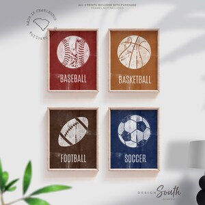 Distressed Sports Art Prints Posters Set of 4, Sports Kids Prints, Red ...