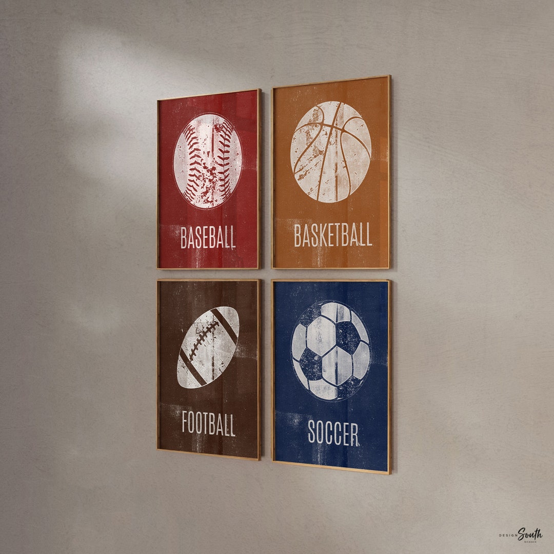 Distressed Sports Art Prints Posters Set of 4, Sports Kids Prints, Red ...