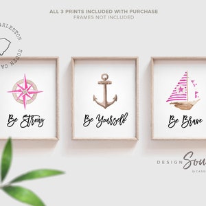 Nautical Girl Room Art, Pink Anchor Sailboat Compass Collection ...