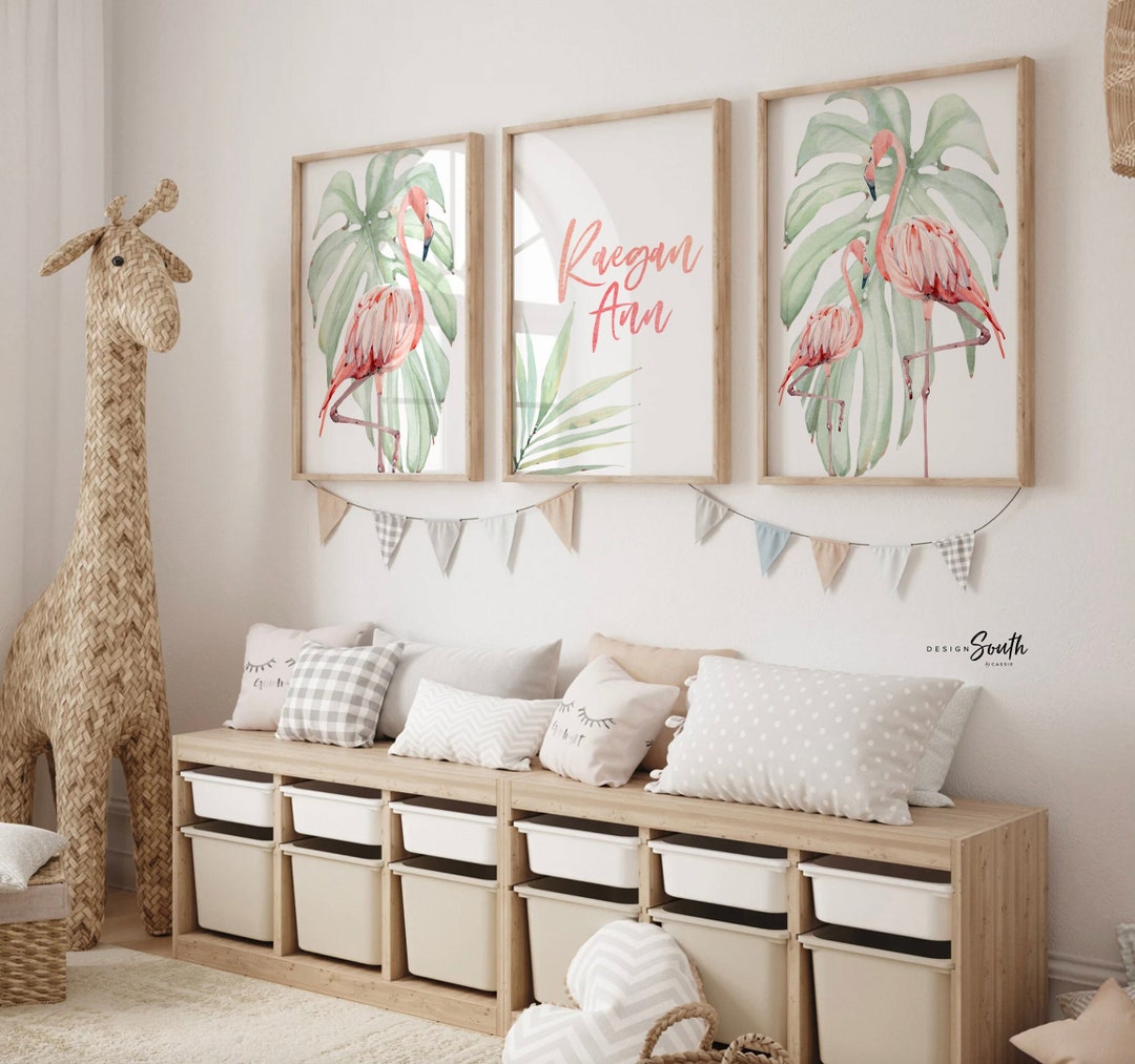 Flamingo Print Art Set, Above Crib Tropical Wall, Flamingo Nursery ...