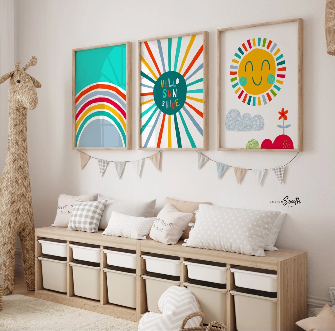 Teal Yellow Orange Kid Room Art, Wall Art Print Set of 3 for Children ...