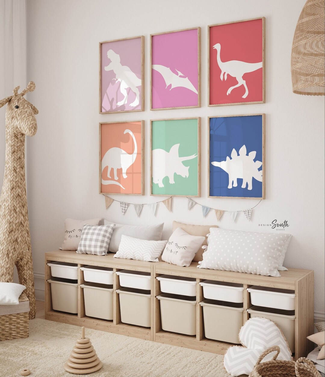 Colorful Dinosaur Art, Little Girl Room Dinosaur Themed, Wall Art Print ...