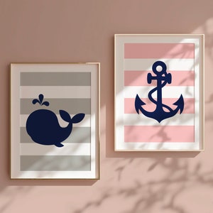 Nautical Girl Bedroom Decor, Pink Navy Blue Anchor Splashing Whale ...