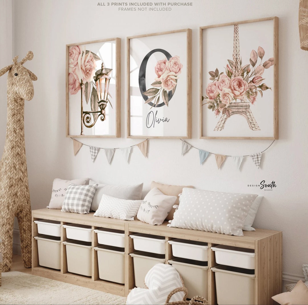 Paris Nursery Art Print: Eiffel Tower, Floral Roses, Custom Name - Etsy