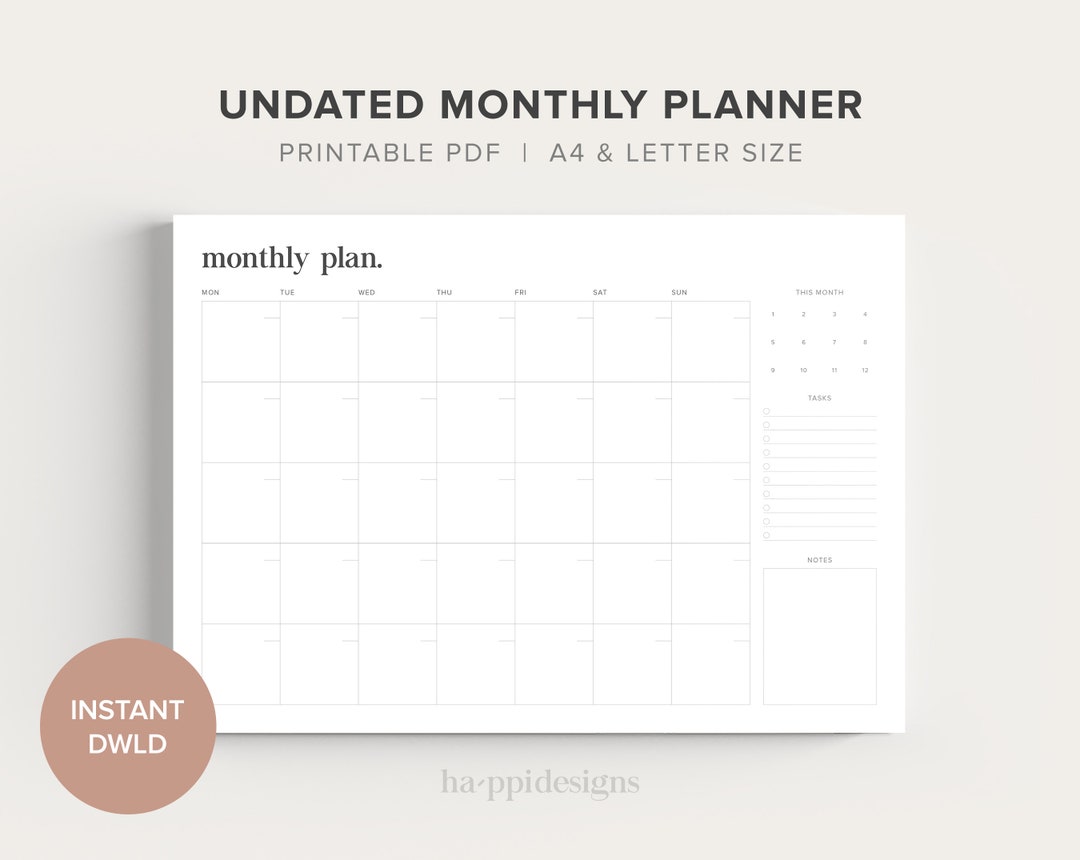 Undated Monthly Planner Printable – A4 & Letter Size – Minimalist ...