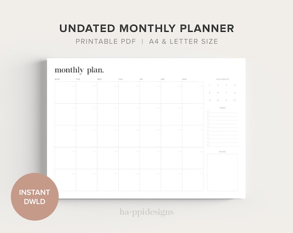 Undated Monthly Planner Printable A4 & Letter Size | Etsy