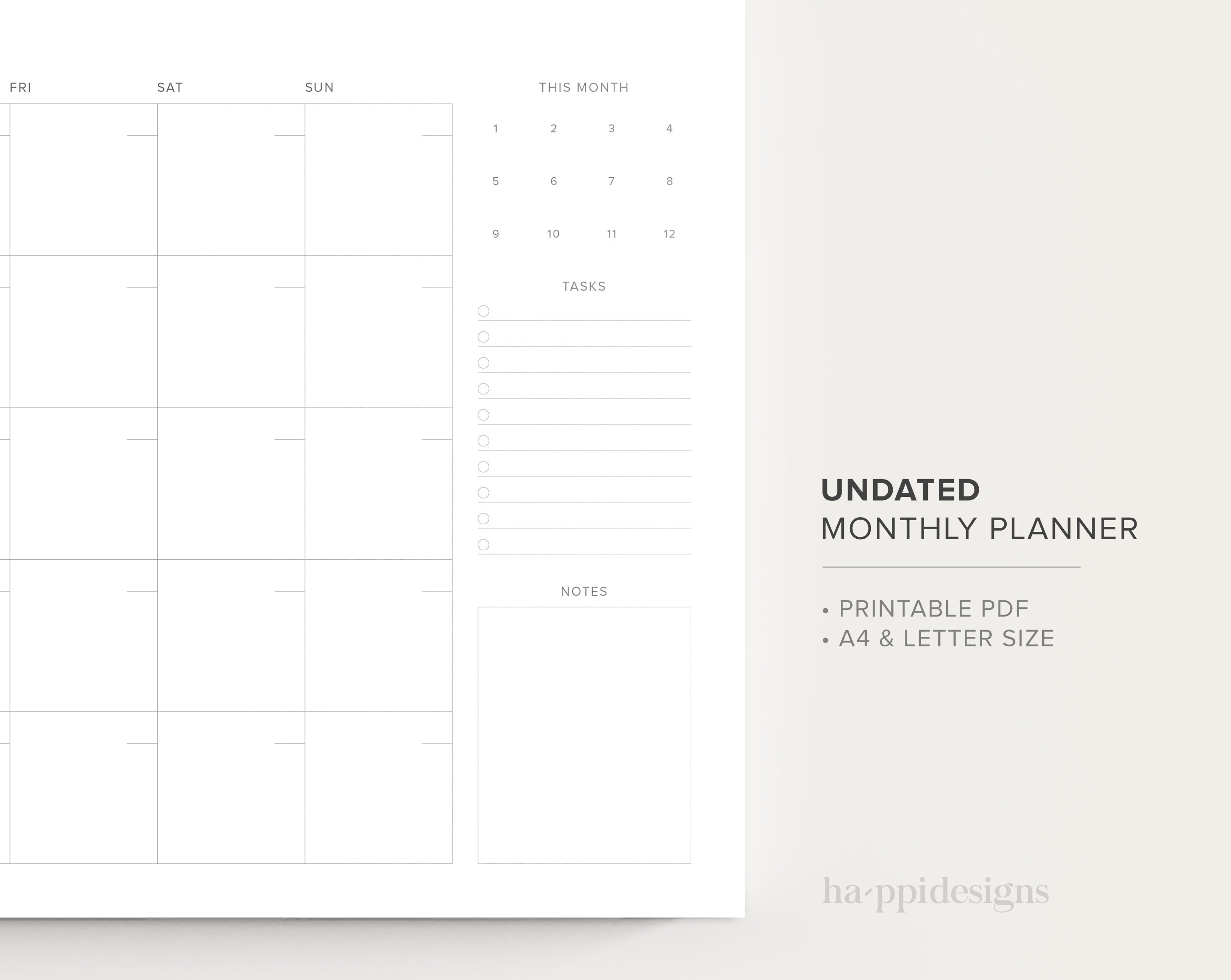 Undated Monthly Planner Printable – A4 & Letter Size – Minimalist ...