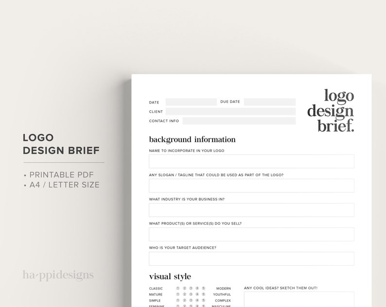 Logo Design Brief – Printable PDF – A4 & Letter Size – Creative Brief ...