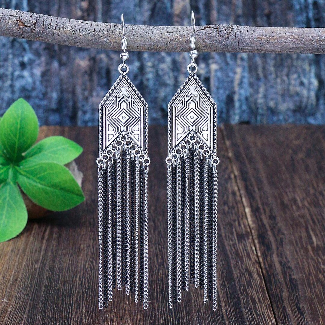 Silver Dangle Earrings, Long Chain Earrings, Boho Chain Fringe Earrings ...