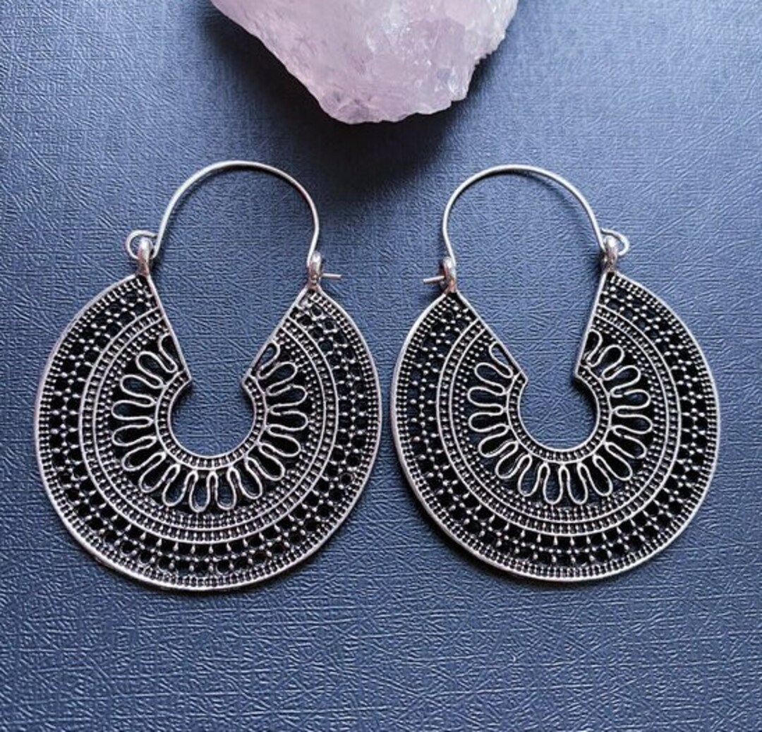 Boho Silver Hoops, Bohemian Round Hoop Earrings, Mandala Hoops, Tribal ...