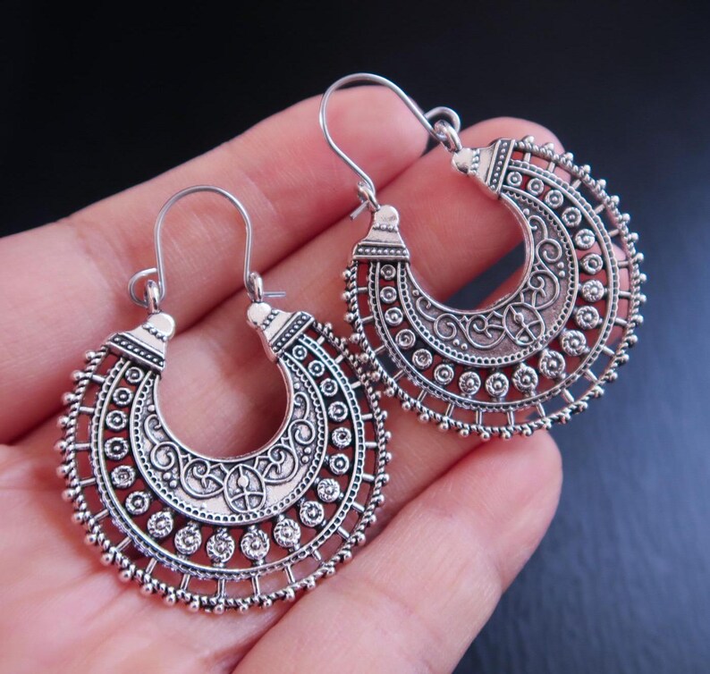 Boho Silver Hoop Earrings, Antique Silver Earrings, Tribal Hoops ...