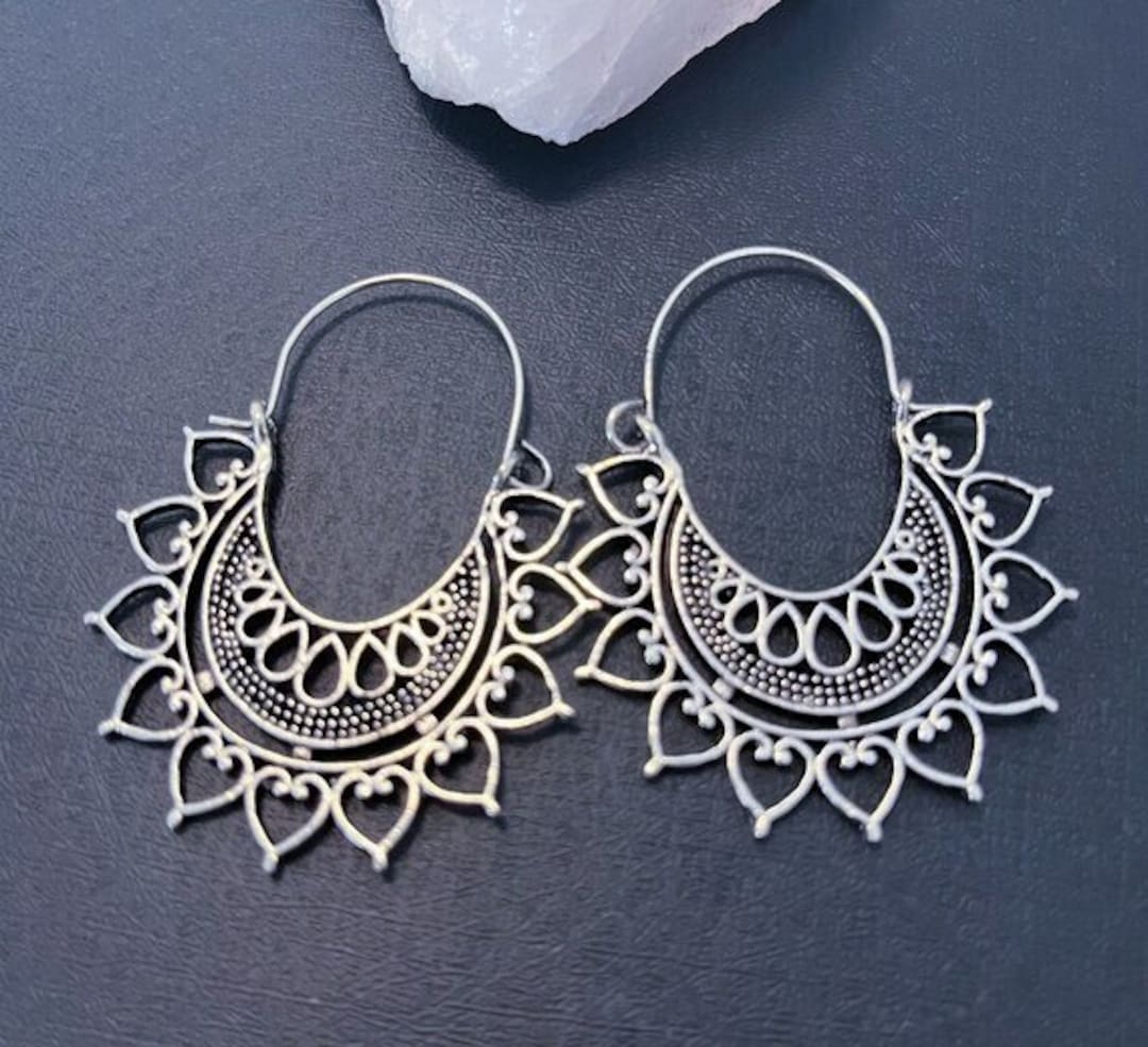 Antique Silver Hoop Earrings, Boho Silver Hoops, Bohemian Mandala ...
