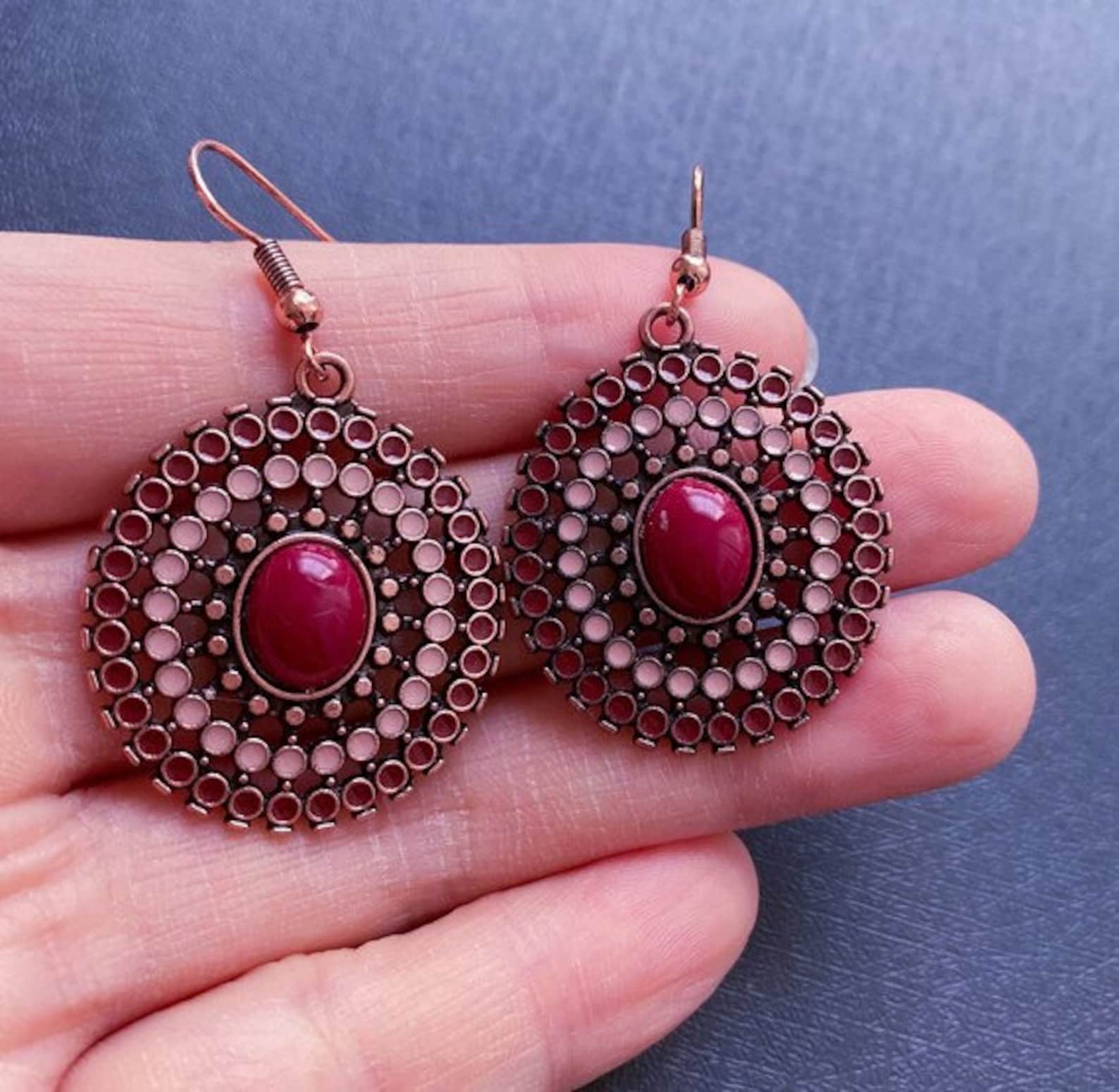 Indian Red Drop Earrings, Boho Beaded Earrings, Red Statement Earrings ...