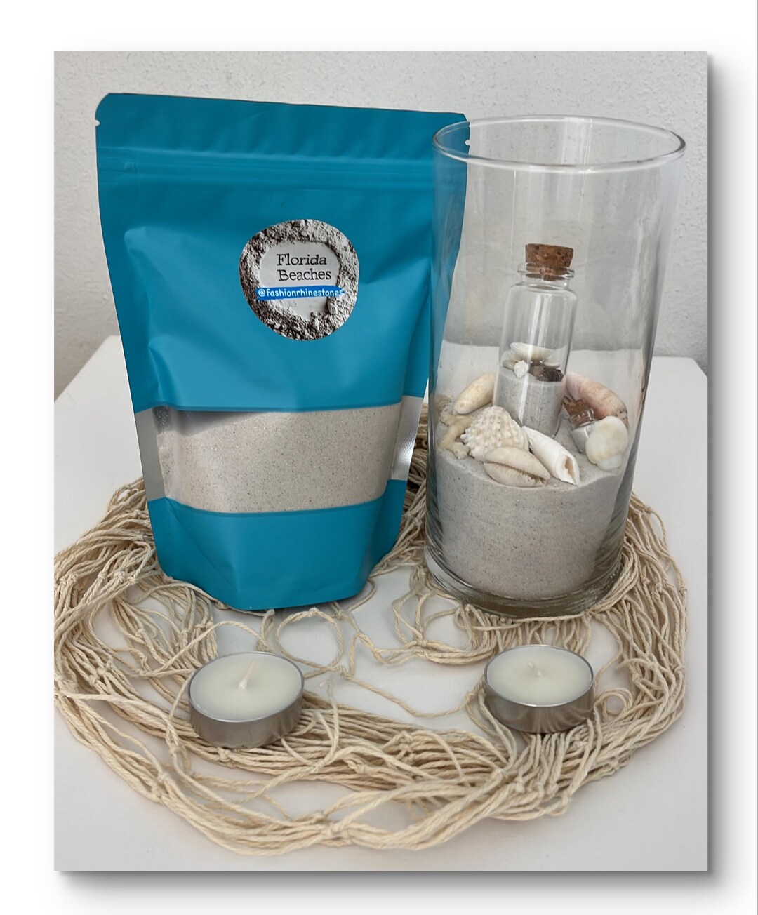 Beach Decor Set: Sand, Shells, Mini Bottle, Candles & Fishnet - Etsy