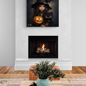 Halloween Witch & Black Cat Art Print: Pumpkin Home Decor (digital ...
