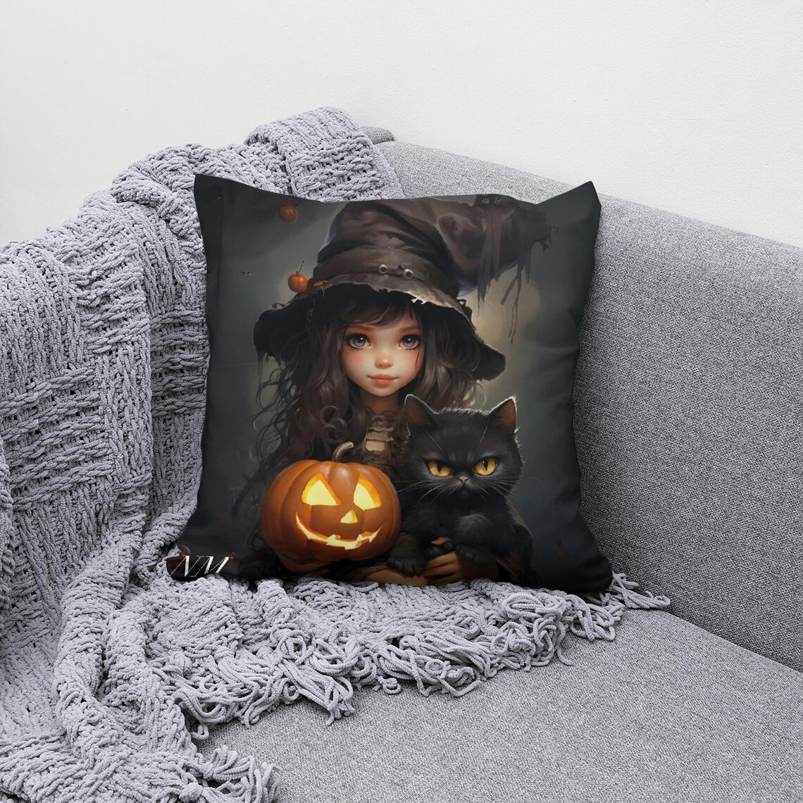 Halloween Witch & Black Cat Art Print: Pumpkin Home Decor (digital ...