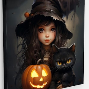 Halloween Witch & Black Cat Art Print: Pumpkin Home Decor (digital ...