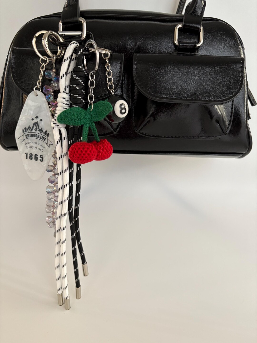 Cute Aesthetic Keychain | Crochet Cherry Charm, 8-ball, Shoelace Cord ...