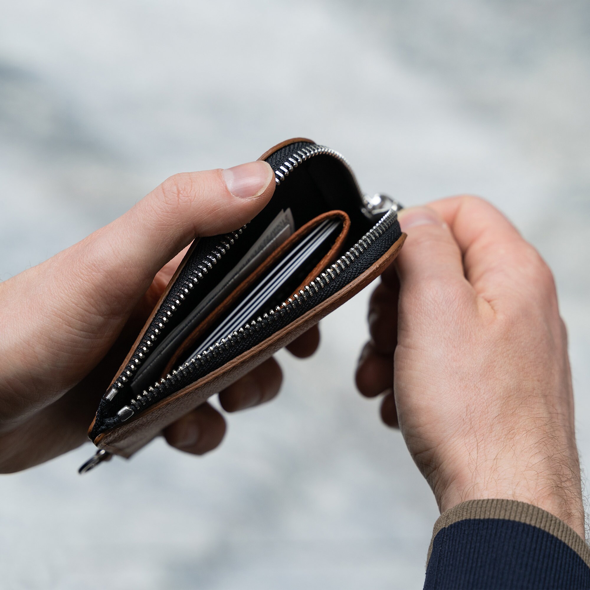 Minimalist Brown Leather Zip Wallet With Strap: Personalized Chain ...