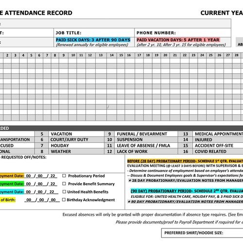 Printable Employee Attendance Calendar Custom Attendance - Etsy