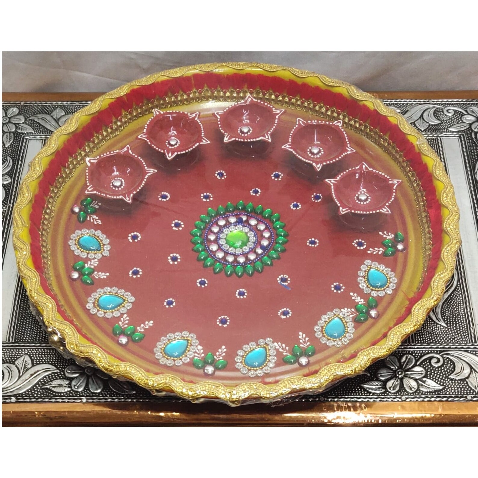 Decorative Pooja Thali With Five Diya Kumkum Thali Traditional - Etsy