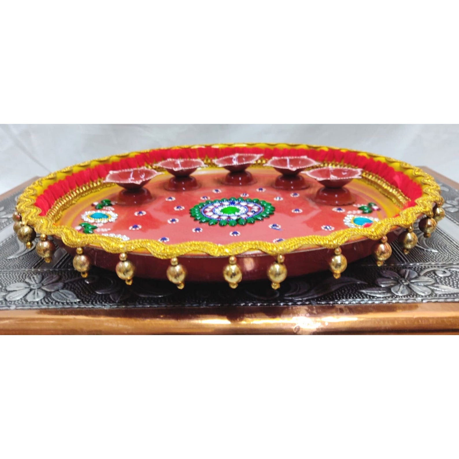 Decorative Pooja Thali With Five Diya Kumkum Thali Traditional - Etsy